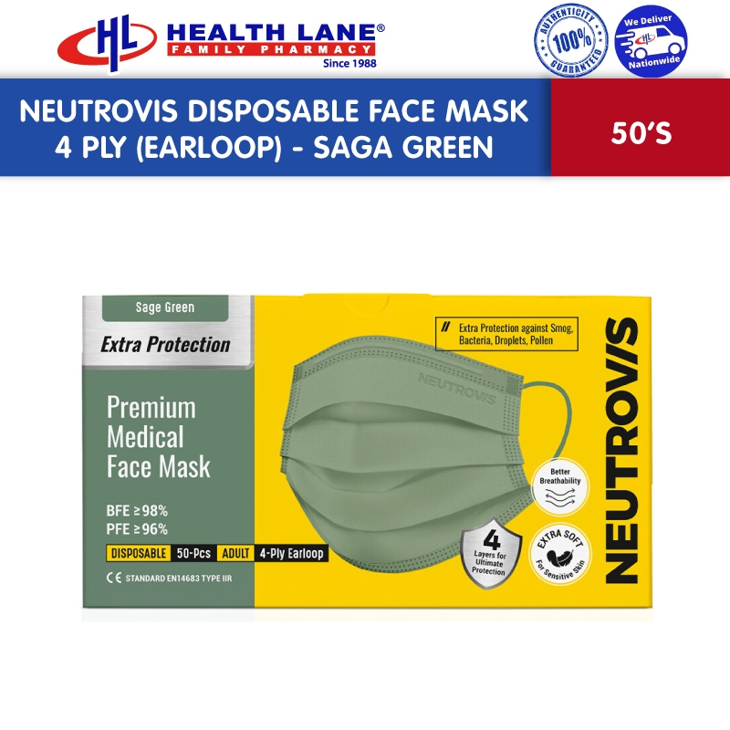 Neutrovis Disposable Face Mask 4 Ply Earloop - Sage Green (50's ...