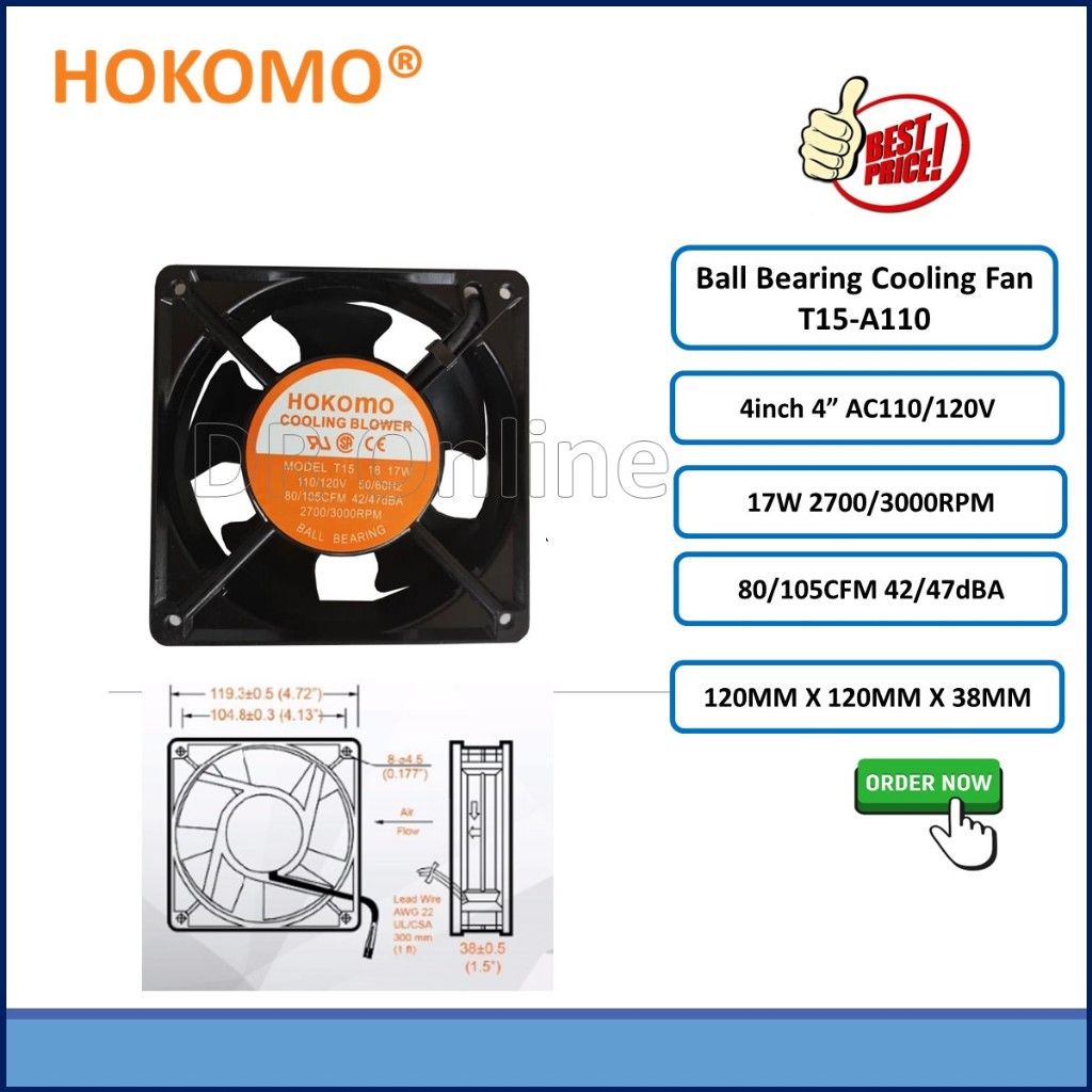 HOKOMO Cooling Blower Fan Axial Fan 4 Inch Ball Bearing, 120mm x 120mm x 38mm 240VAC/110v/415v ...