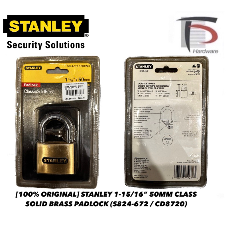 [100% ORIGINAL] STANLEY 1-15/16” 50MM CLASS SOLID BRASS PADLOCK (S824 ...