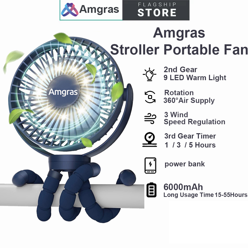 Amgras 6000mAh Portable Stroller Fan USB Rechargeable battery fan Quiet ...