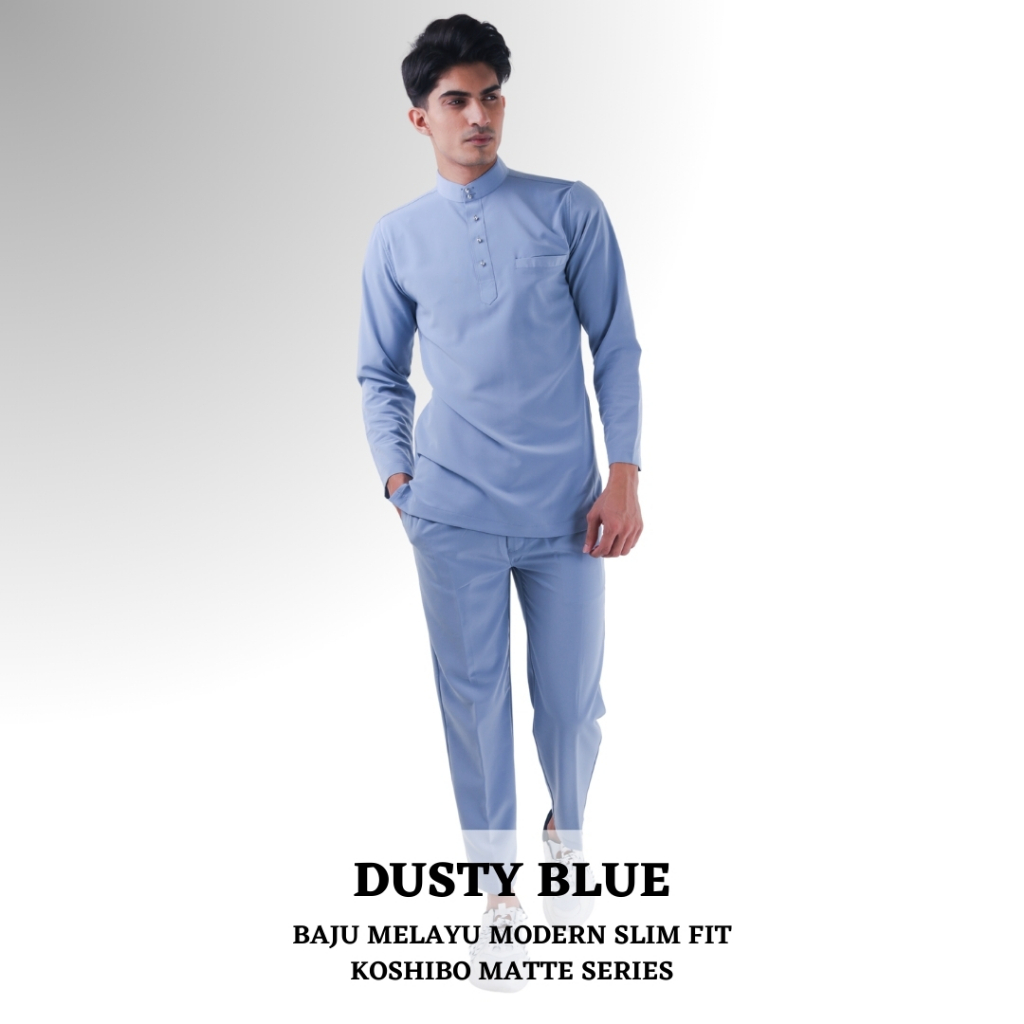 Dusty Blue | Baju Melayu Modern Slim Fit Cekak Musang Dual Zip | Matte ...