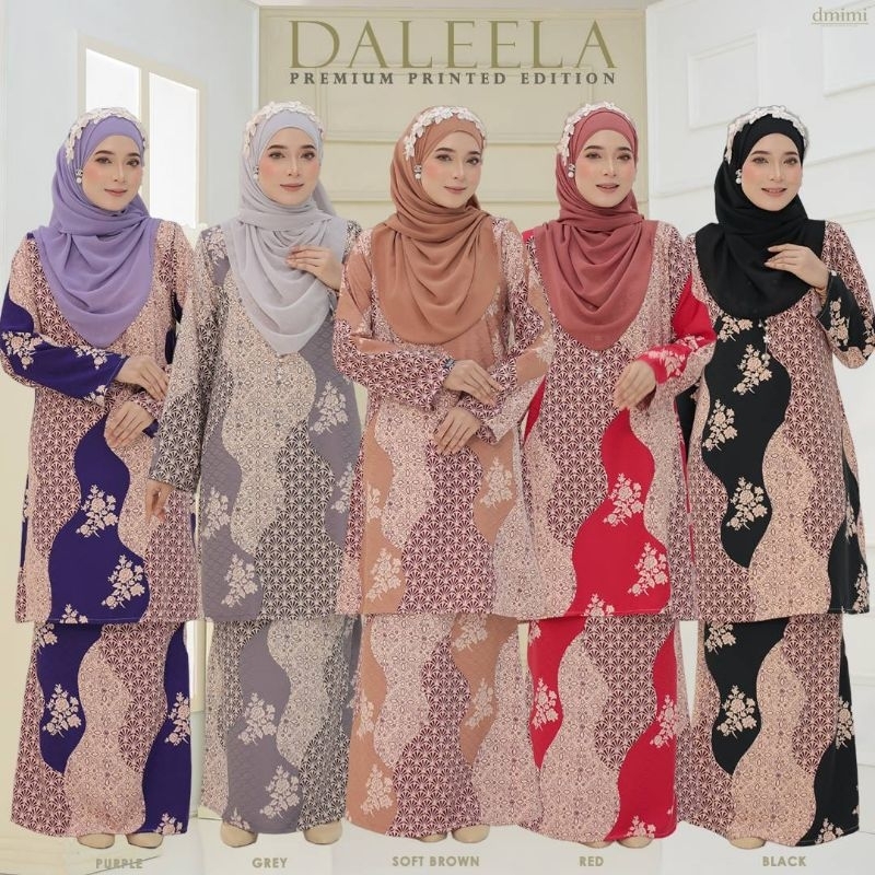 KURUNG PREMIUM DALEELA PRINTED DMIMI Black, soft brown, gray, red ...
