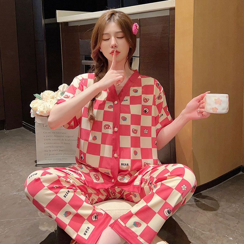 2 in 1 Set Korean Design Pyjamas Women Short Sleeve Silk Sleepwear ...