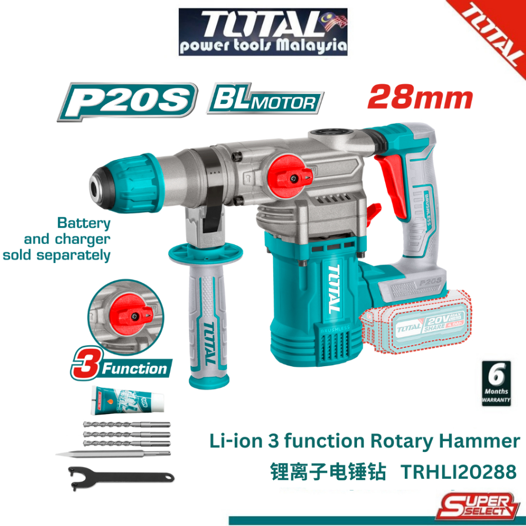 TOTAL Li-ion Rotary Hammer 锂离子电锤钻 + FREE 3 pcs Drill Bits (P20S / 20V ...