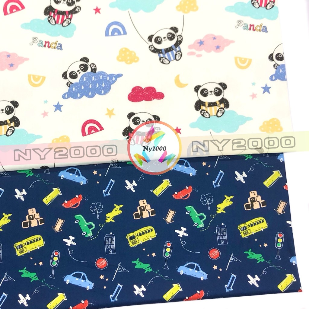 Kain Comb Cotton Corak Panda dan Kereta Biru Gelap Bidang 60” / Happy ...