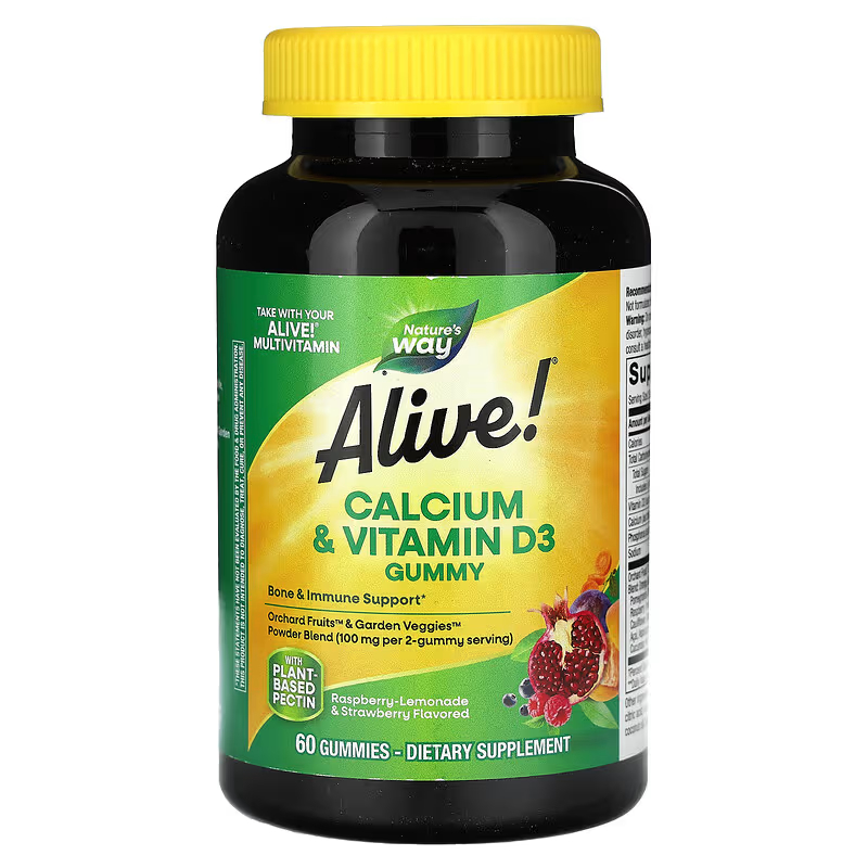 Nature's Way, Alive! Calcium & Vitamin D3 Gummy, Raspberry-Lemonade & Strawberry, 60 Gummies ...