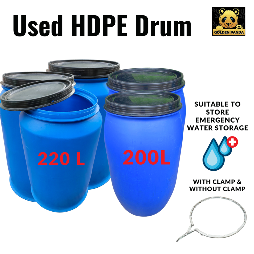 [USED] 220L/210L HDPE Drum Open Top/ Black cover top/ Plastic Drum ...