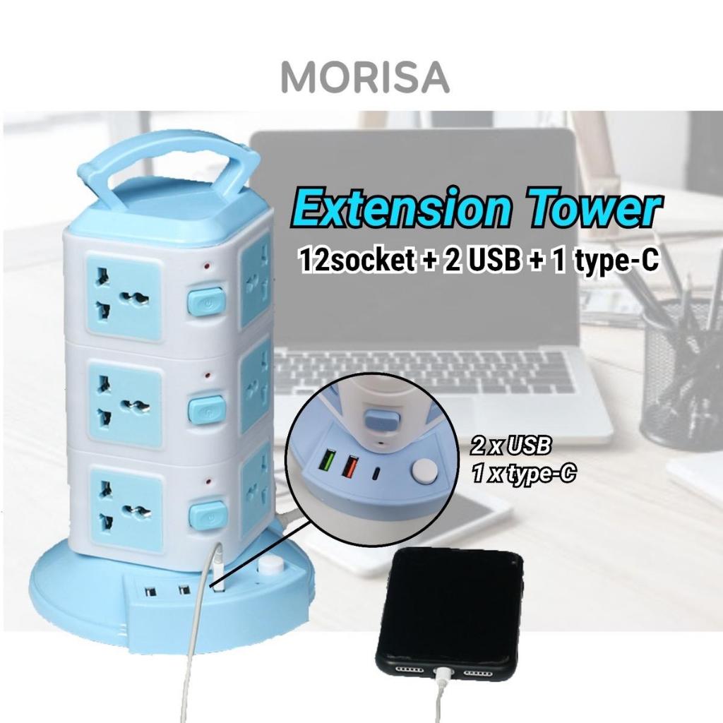 Extension Plug Tower 12 Socket 2USB 1 type-C Wayar Extension Cord Wire ...