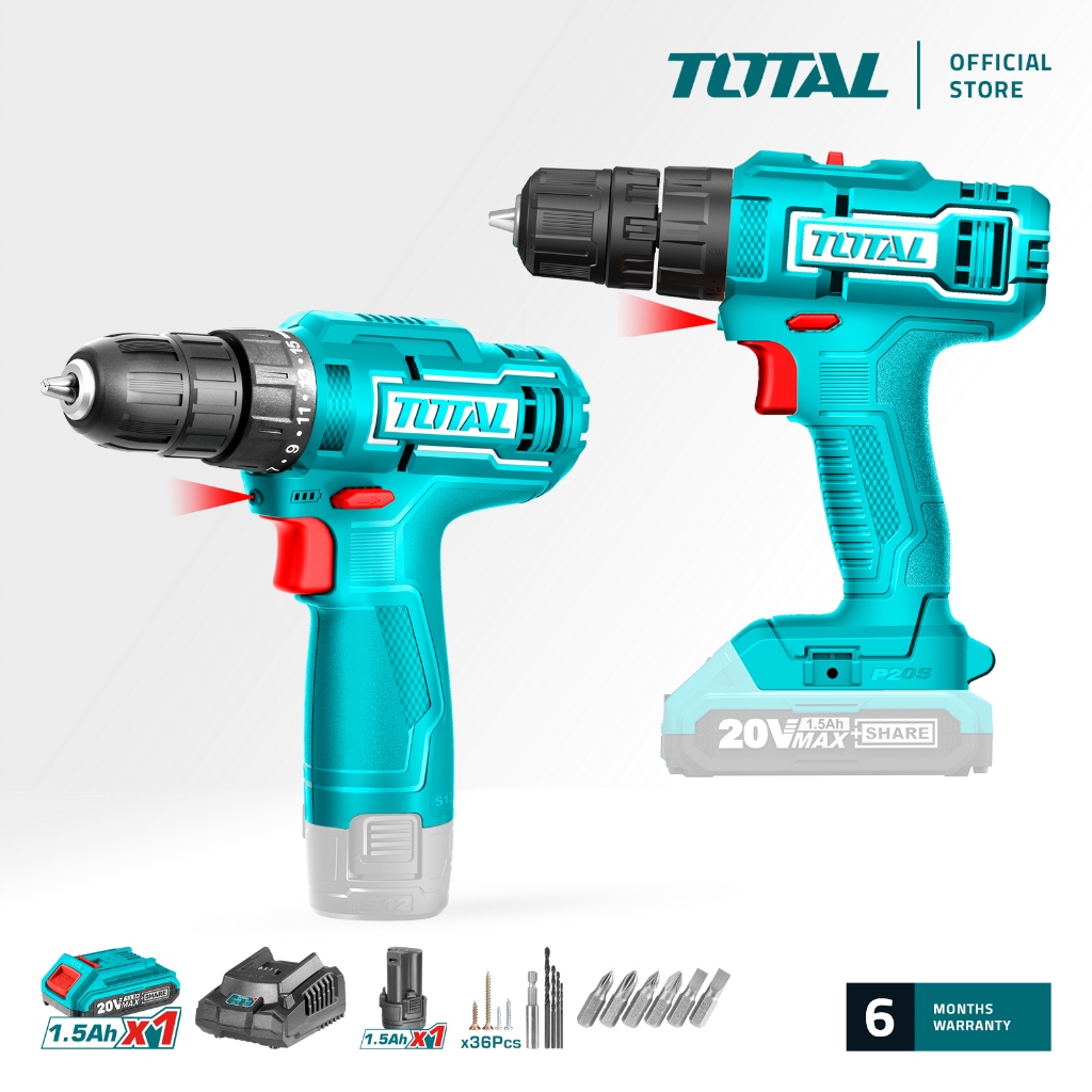 TOTAL Li-ion Cordless Combo Kit With Impact Drill (2 Pcs/12V + 20V) + Battery + Accessories (47 ...