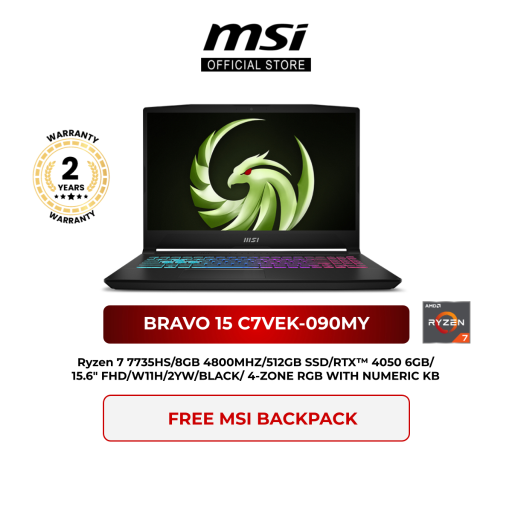 MSI BRAVO 15 C7VEK-090MY GAMING LAPTOP (15.6" FHD/R7 7735HS/4800MHz 8GB/512GB/W11H/2YW)FOC ...