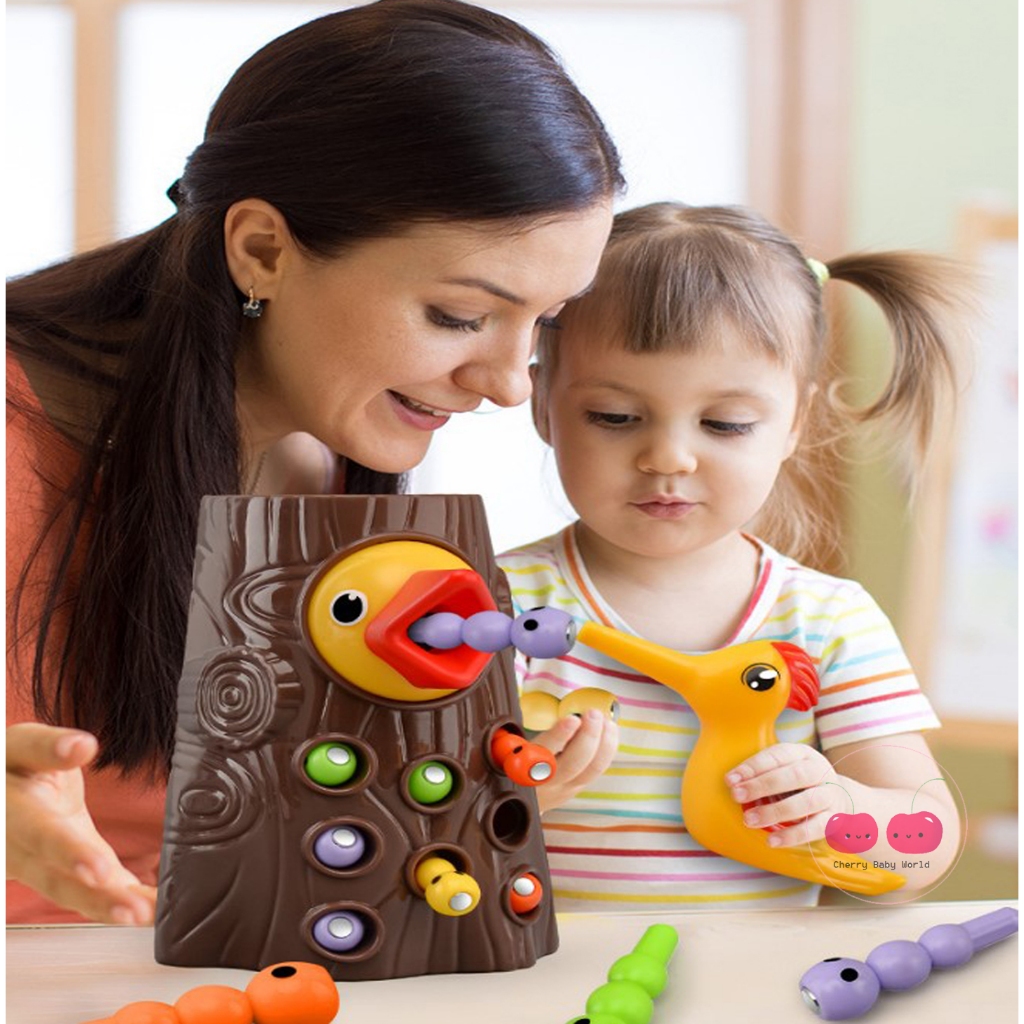Magnetic Woodpecker Feeding Worm Toy for Kids Early Learning Seneory ...