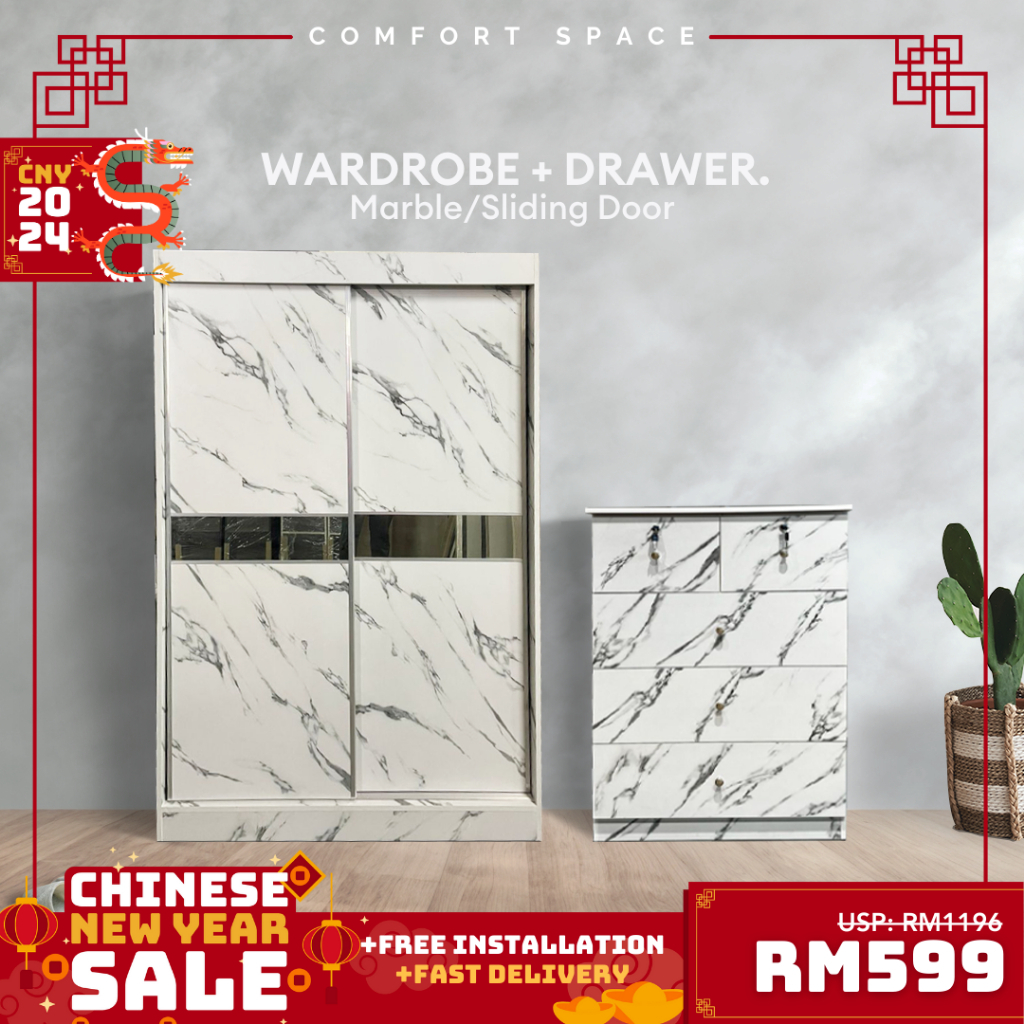 🔥 Free Install 🔥 Marble White 4ft x 6ft Sliding Door Wardrobe & Chest ...