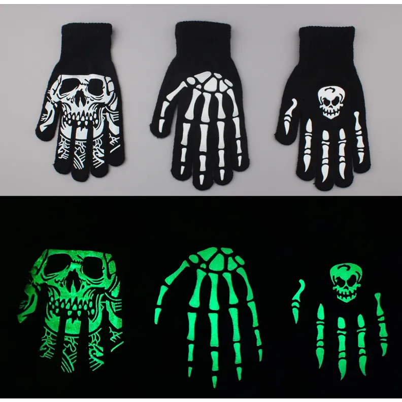 Unisex Adult/Kids Skeleton Skull Gloves Glow In The Dark Fingerless ...