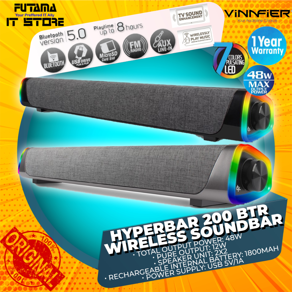 Vinnfier Wireless Soundbar HYPERBAR 200 BTR (Black/Silver) with Bluetooth 5.0, 8 Hours Playtimes ...