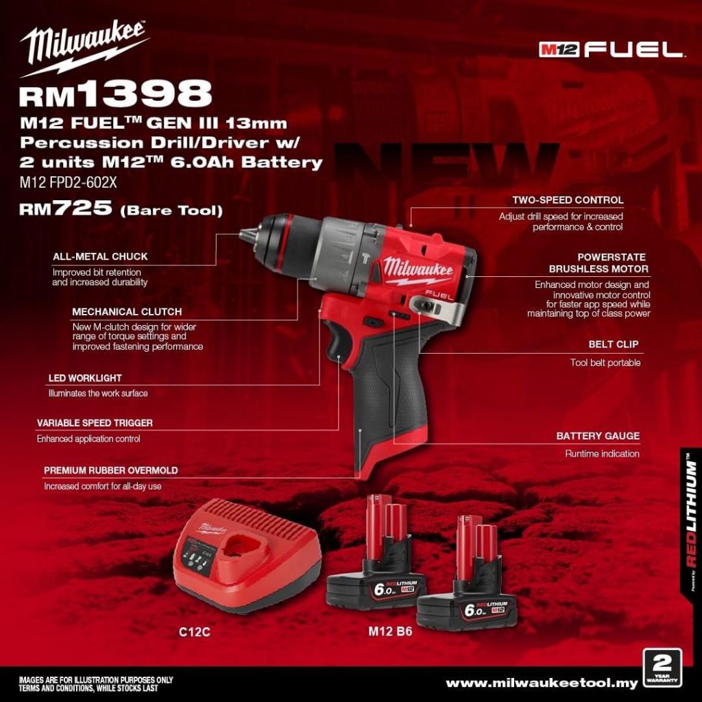 M12 FUEL MILWAUKEE GEN III 13MM PERCUSSION DRILL DRIVER WITH 2 UNITS OF ...