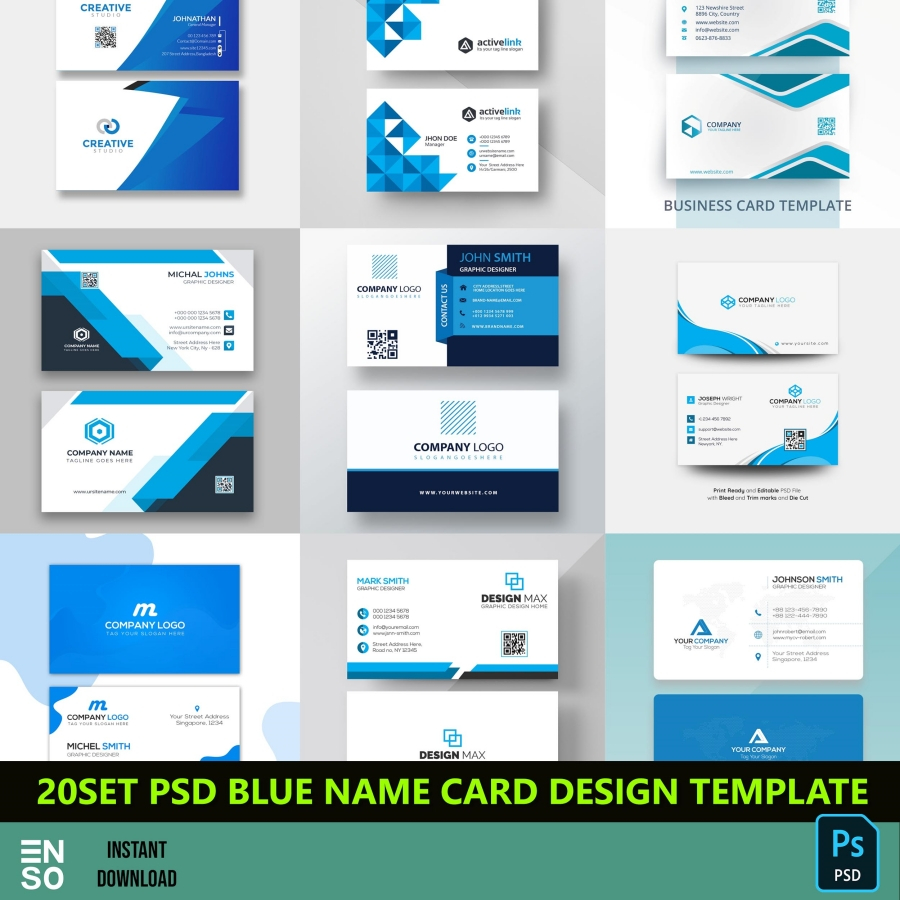 20-Set PSD BLUE Name Card Design Template | Editable PSD Design ...