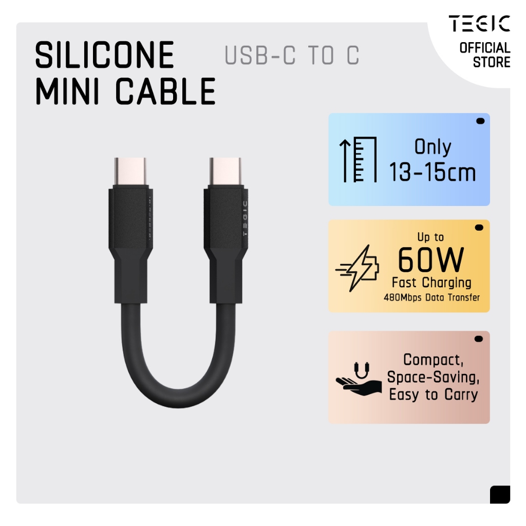 TEGIC Silicone Mini Cable USB-C to C | 13-15cm | Up to 60W | 480Mbps Data Transfer | Compact ...