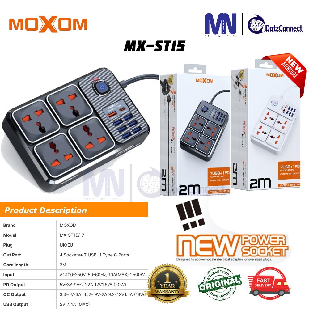 Moxom MX-ST15 ( ST15 ) PD20W/QC18W 12in1 UK Plug Power Strip 2M/3M with ...