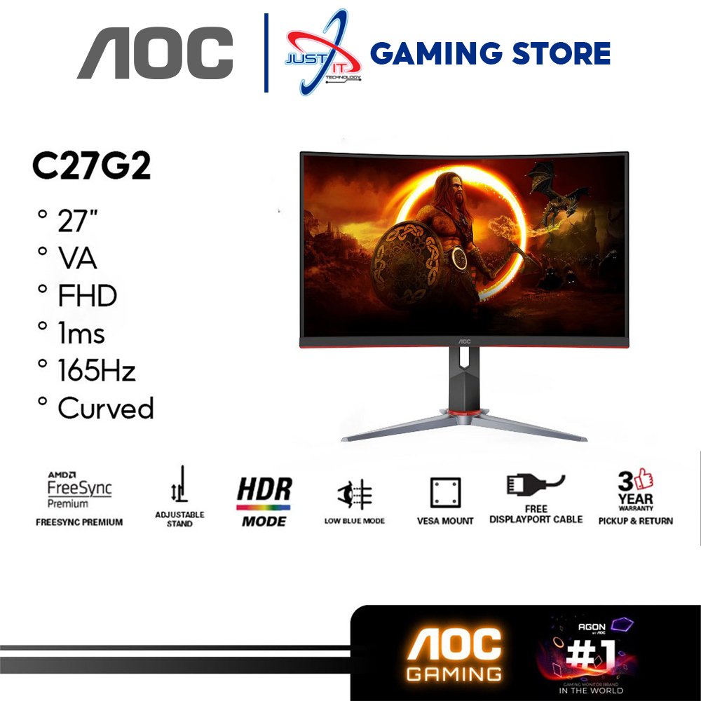 AOC C27G2 27" GAMING CURVE MONITOR ( 27" VA FHD / 165Hz / 1Ms / HDMI+DP ...