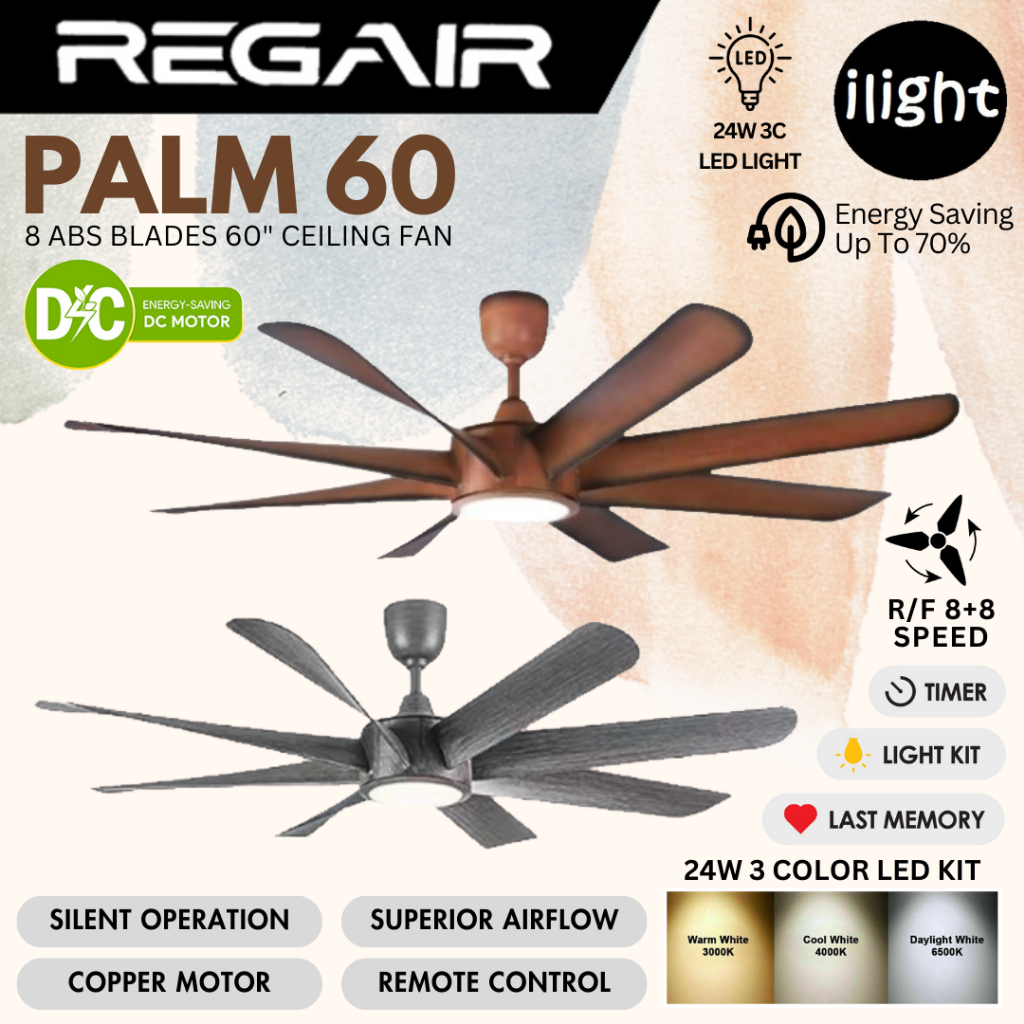 REGAIR PALM 60 DC MOTOR CEILING FAN 8 ABS BLADES 24W 3 COLOR LED 16 ...