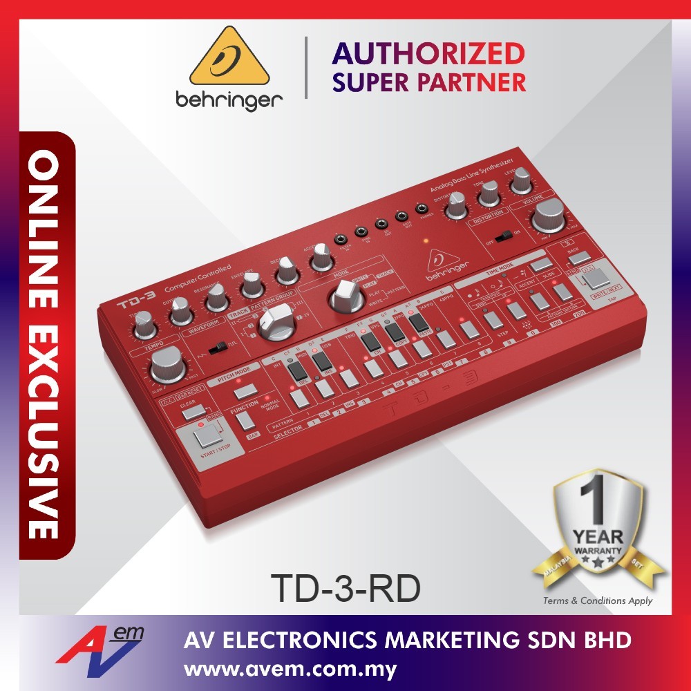 BEHRINGER TD-3-RD Analog Bass Line Synthesizer with VCO, VCF, 16-Step Sequencer, Distortion ...