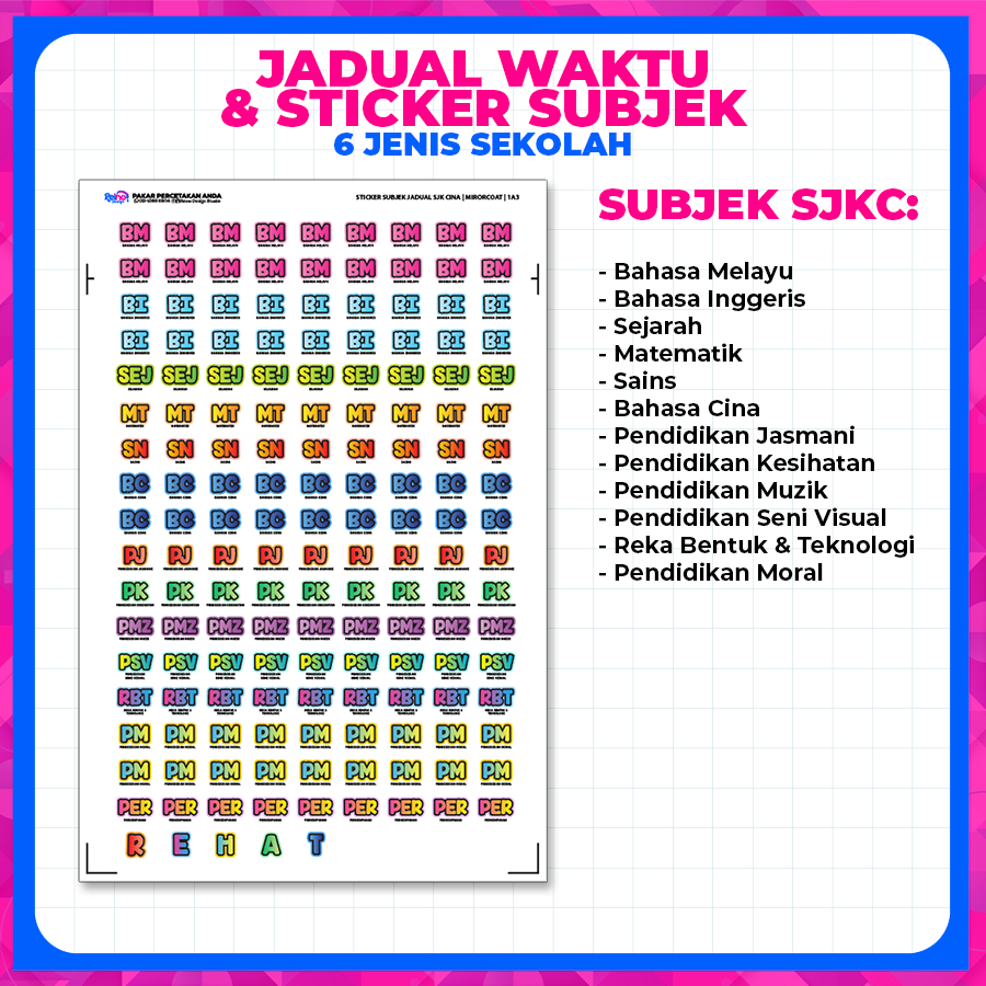 Jadual Waktu Kelas boleh ubah, Sticker Subjek 6 Jenis Sekolah Murid ...