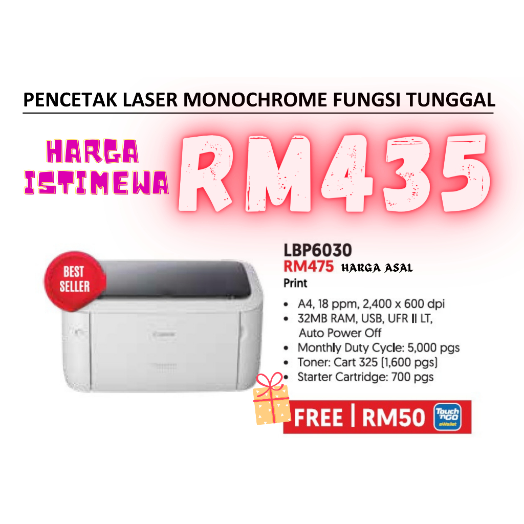 CANON ORIGINAL LASER PRINTER SINGLE FUNCTION MONOCHROME LBP6030 / LBP6030W [100% GENUINE ...