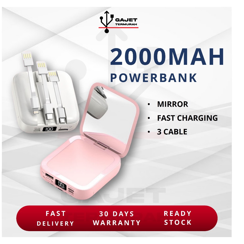 2000Mah Mirror PowerBank Power Bank 2in1 Cute Pink Power Bank w/ Make Up Mirror Cermin Powerbank ...