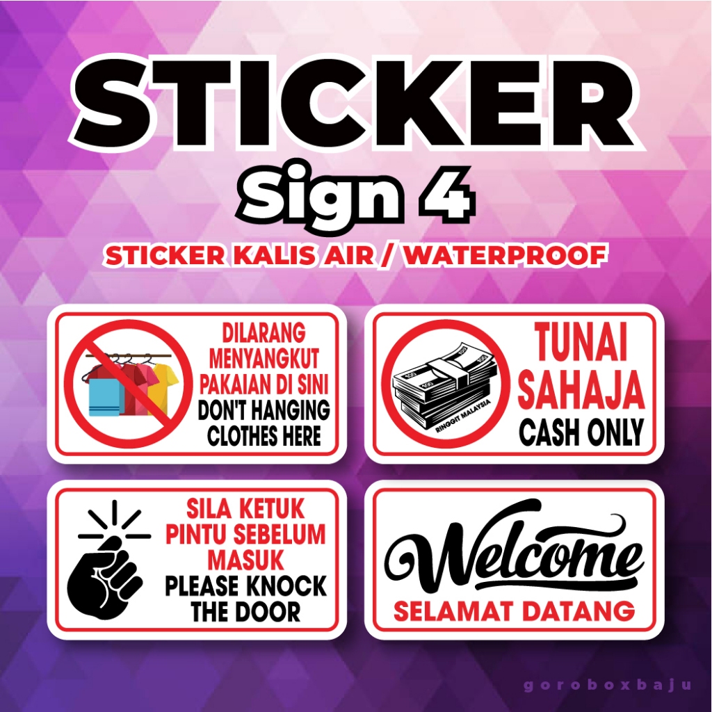💜 Sticker Menyangkut Pakaian / Tunai Sahaja / Ketuk Pintu / Welcome ...