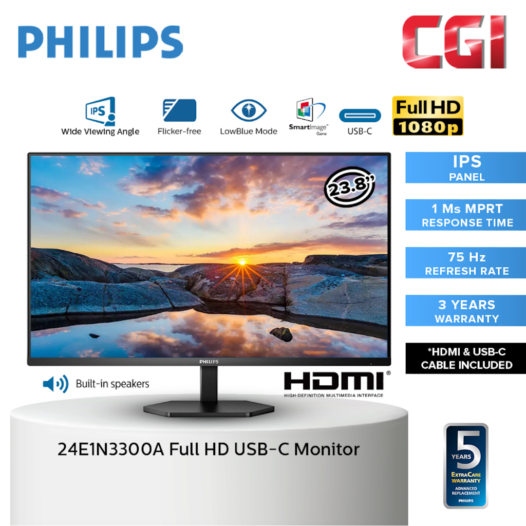 Philips 23.8" 24E1N3300A IPS FHD 75Hz 1ms Freesync Speaker USB-C Gaming ...