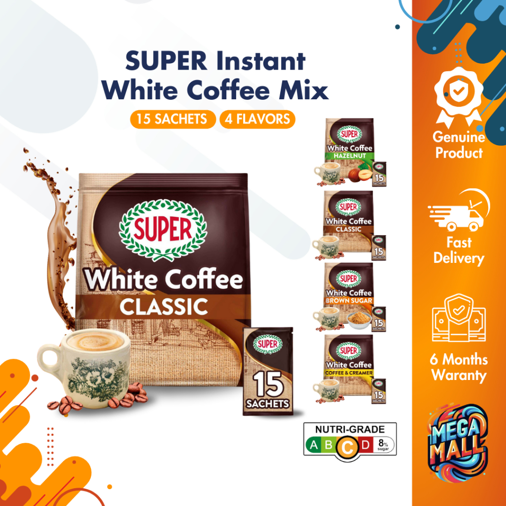 SUPER Instant White Coffee Mix 15 Sachets Classic Brown Sugar Hazelnut ...
