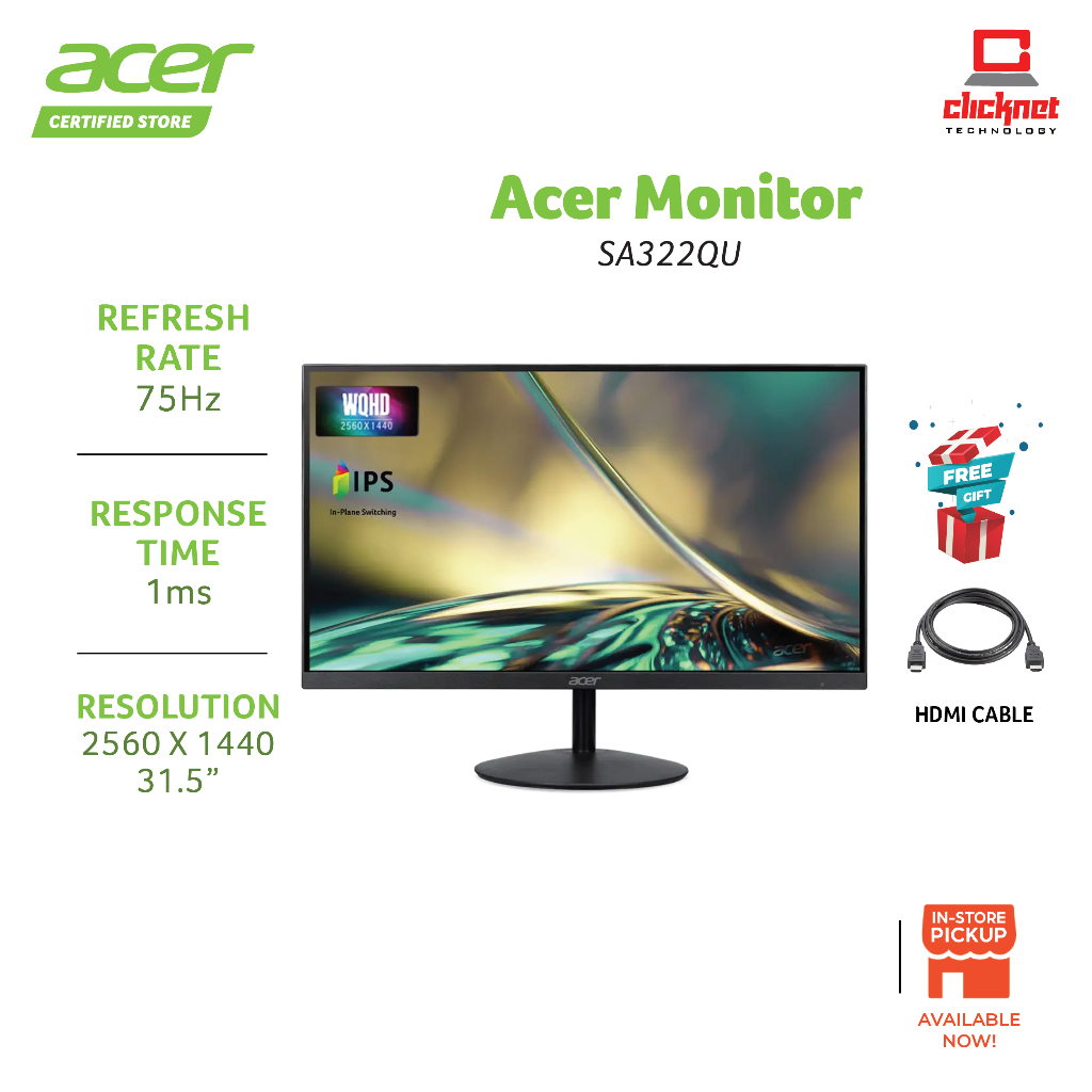 ACER SA322QU 31.5" MONITOR ( 31.5" IPS WQHD / 1Ms / 75Hz / FREESYNC ...