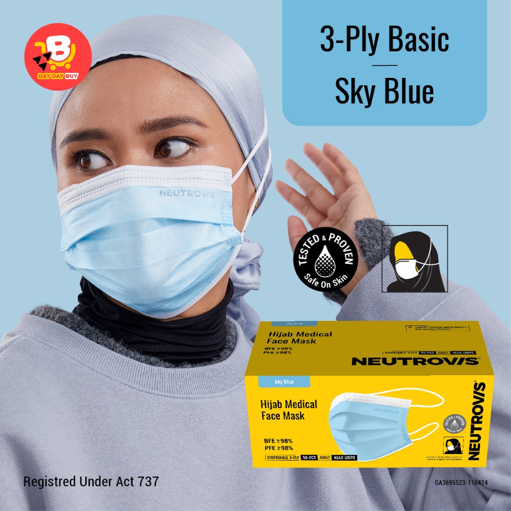 Neutrovis 3-Ply Hijab Basic Medical Face Mask 50s - Sky Blue (HEADLOOP ...