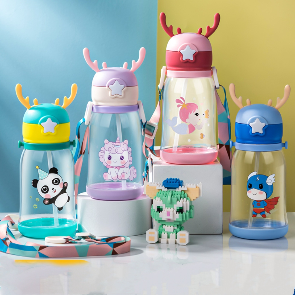 580ml Kids Water Bottle With Straw Cute Botol Air Kanak-Kanak Cartoon ...