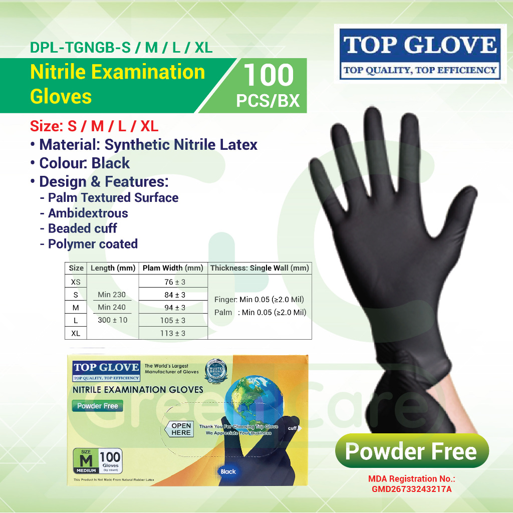 Top Glove Nitrile Powder Free Disposable Glove - Black (100 Pcs)(Size : S, M, L, XL) | Shopee ...