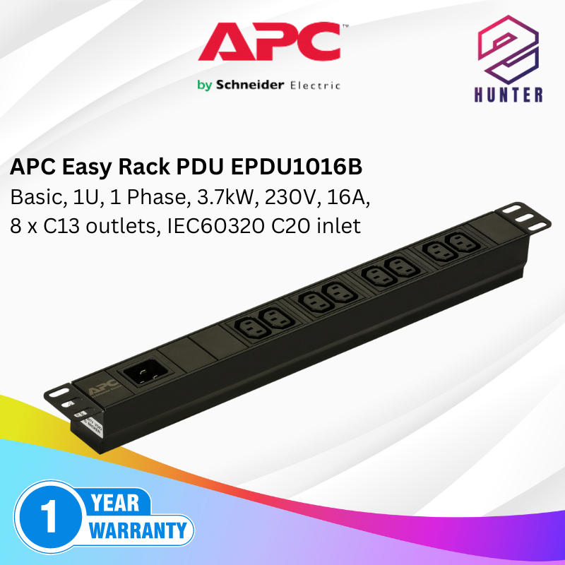 APC Easy Rack PDU EPDU1016B , Basic, 1U, 1 Phase, 3.7kW, 230V, 16A, 8 x C13 outlets, IEC60320 ...