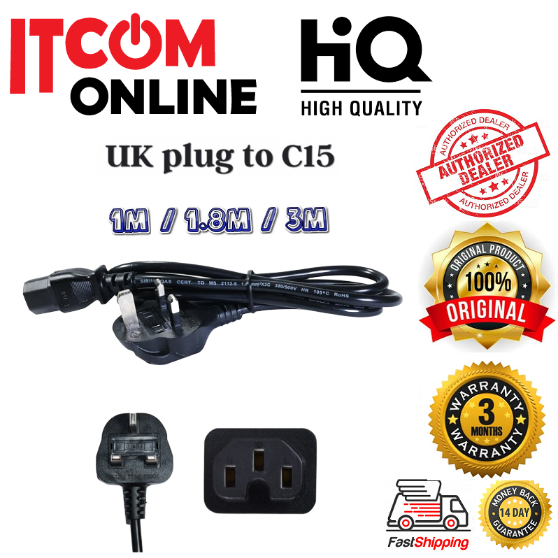 HIGH QUALITY 3 PIN BIG UK PLUG TO C15 POWER CORD CABLE (1METER/1.8METER ...