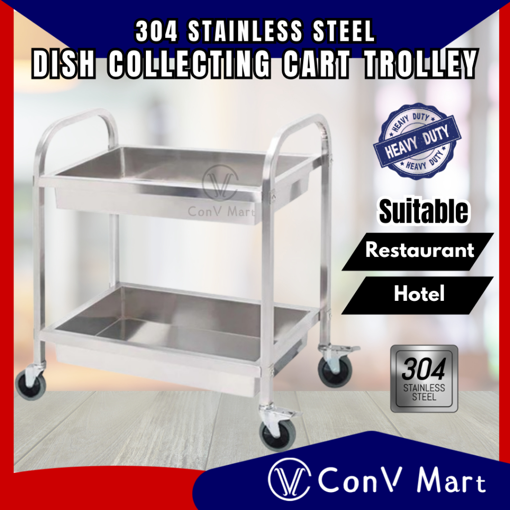 【85x45x92cm】2 tier Stainless Steel Dish Plate Bowls Collecting Trolley ...