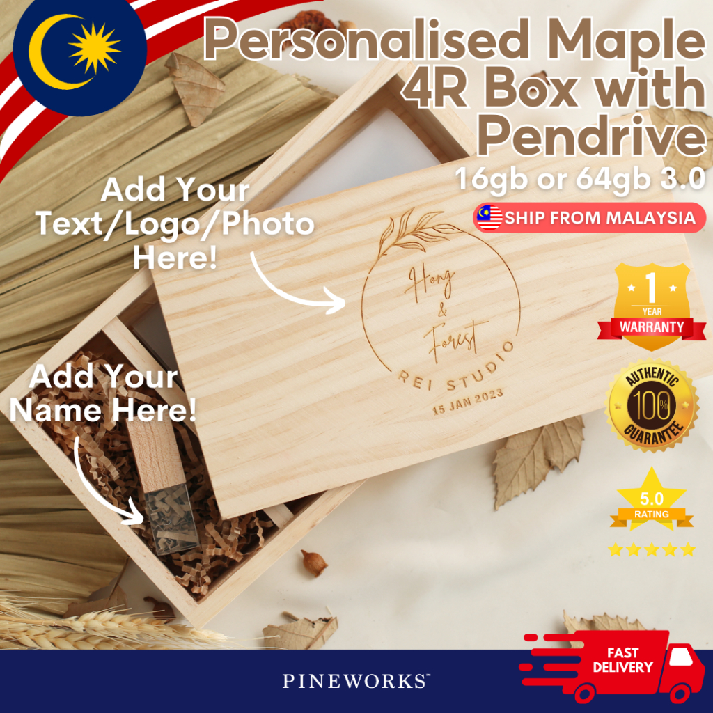 Handmade 4R Keepsake Pinewood Photo Album Box with Crystal USB Pendrive ...