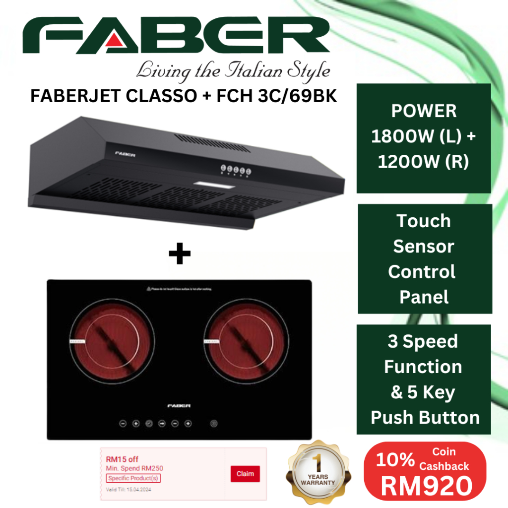 Faber Built In Electric Ceramic Cooker Hob FCH 3C/69BK / Faber Slim Hood FABERJET CLASSO 7688/BK ...
