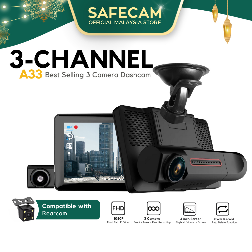 SAFECAM A33 Triple Lens 3 Camera 1080P Dashcam Front Cam + Inner Cam ...