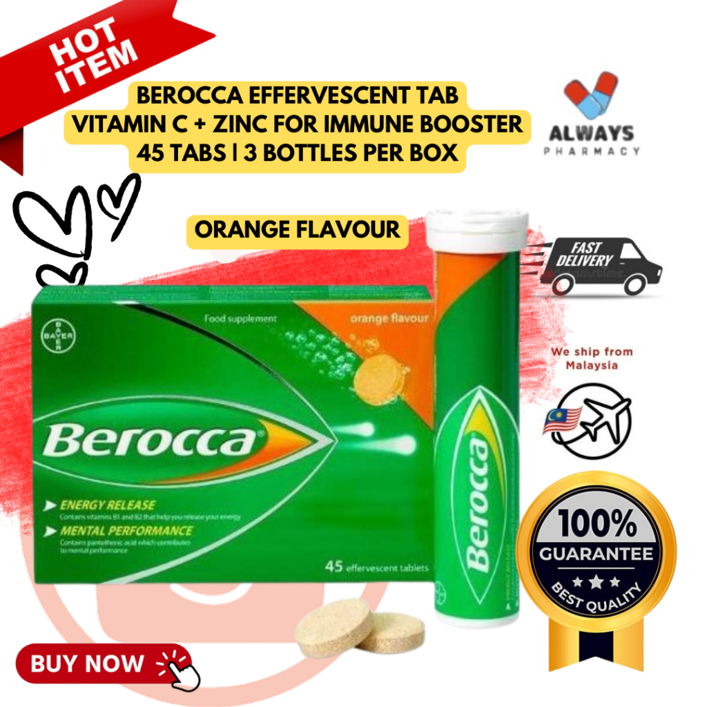 1 BOX 45'S - BEROCCA VITAMIN C + ZINC EFF TAB ORANGE FLAVOUR - UNTUK ...