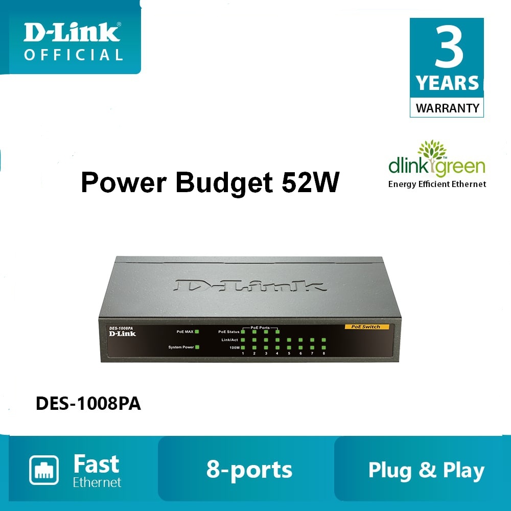 D-Link PoE 8 port Unmanaged Switches power budget 52W for CCTV Camera/Access Point/IP Phone DES ...
