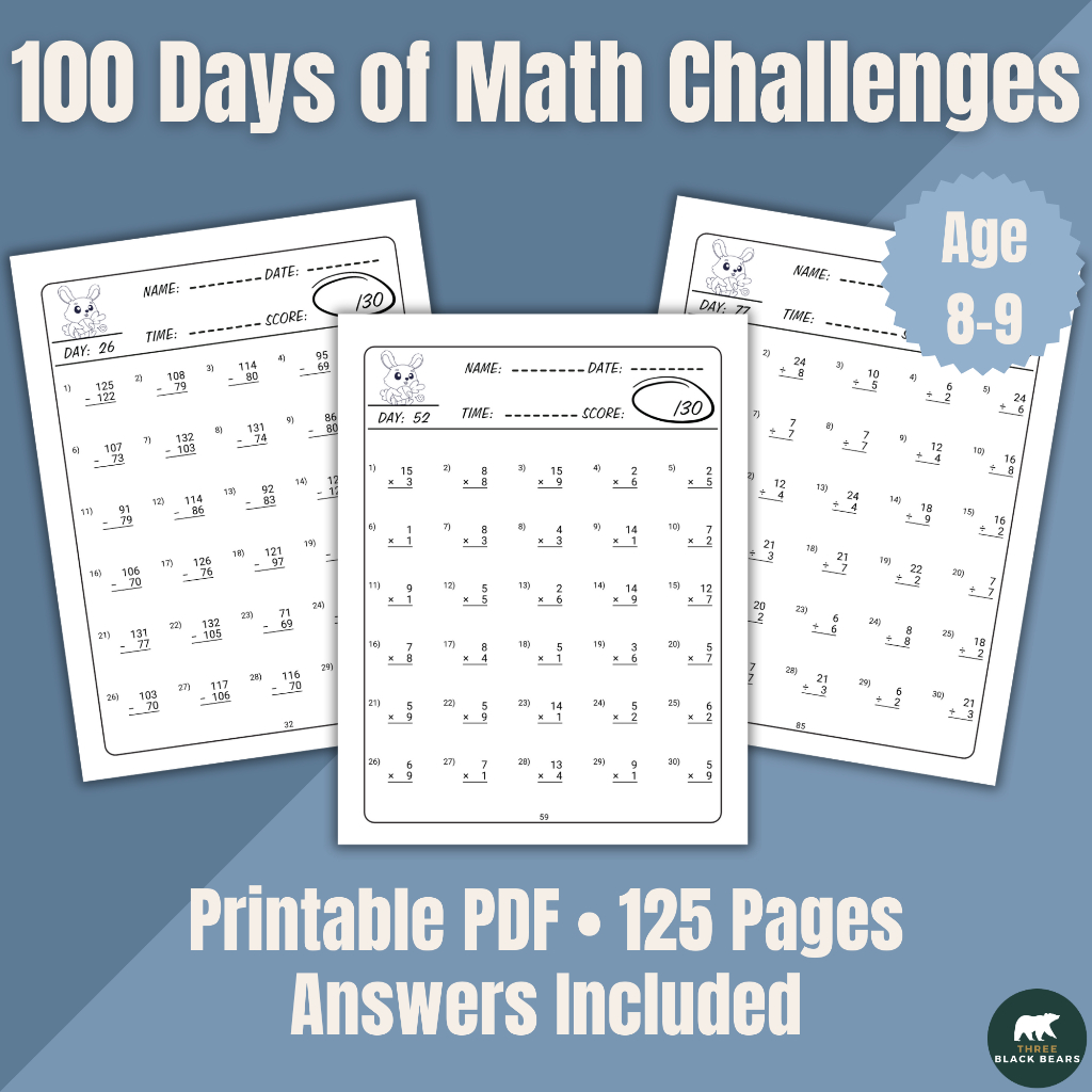 100 Days of Mathematics Challenges for Kids Age 8-9 [PDF] | Printable ...