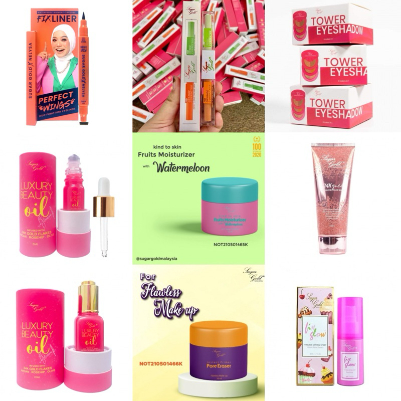 SUGAR GOLD OIL, FACIAL WASH, MOISTURIZER, PRIMER, FIX BROW, FIX LINER ...
