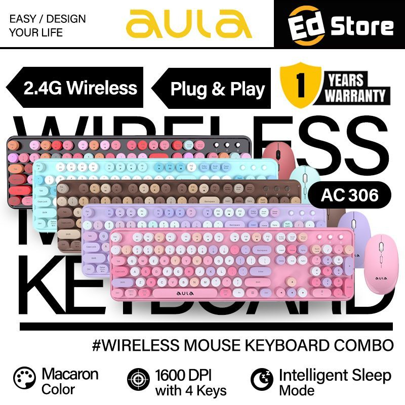 🔥ready Stock🔥aula Ac306 Wireless Combo Retro Typing Round Keycap Design Plug N Play 2 4g
