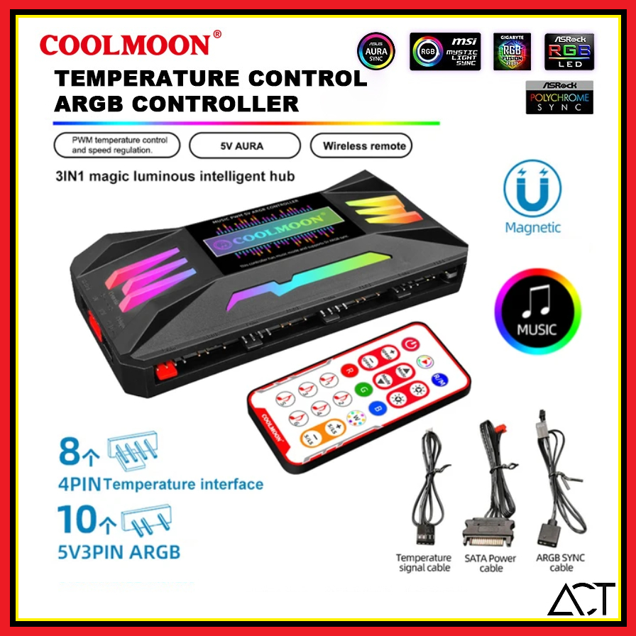 COOLMOON ARGB Music Rhythm Hub (5V 3PIN ARGB+4 Pin PWM) PC Case CPU Fan ...
