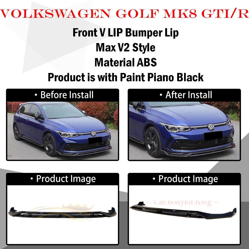 VOLKSWAGEN GOLF MK8 GTI R/RLINE RZ REVOZPORT STYLE FRONT V-LIP BUMPER LIP WITH PAINT(PIANO BLACK ...