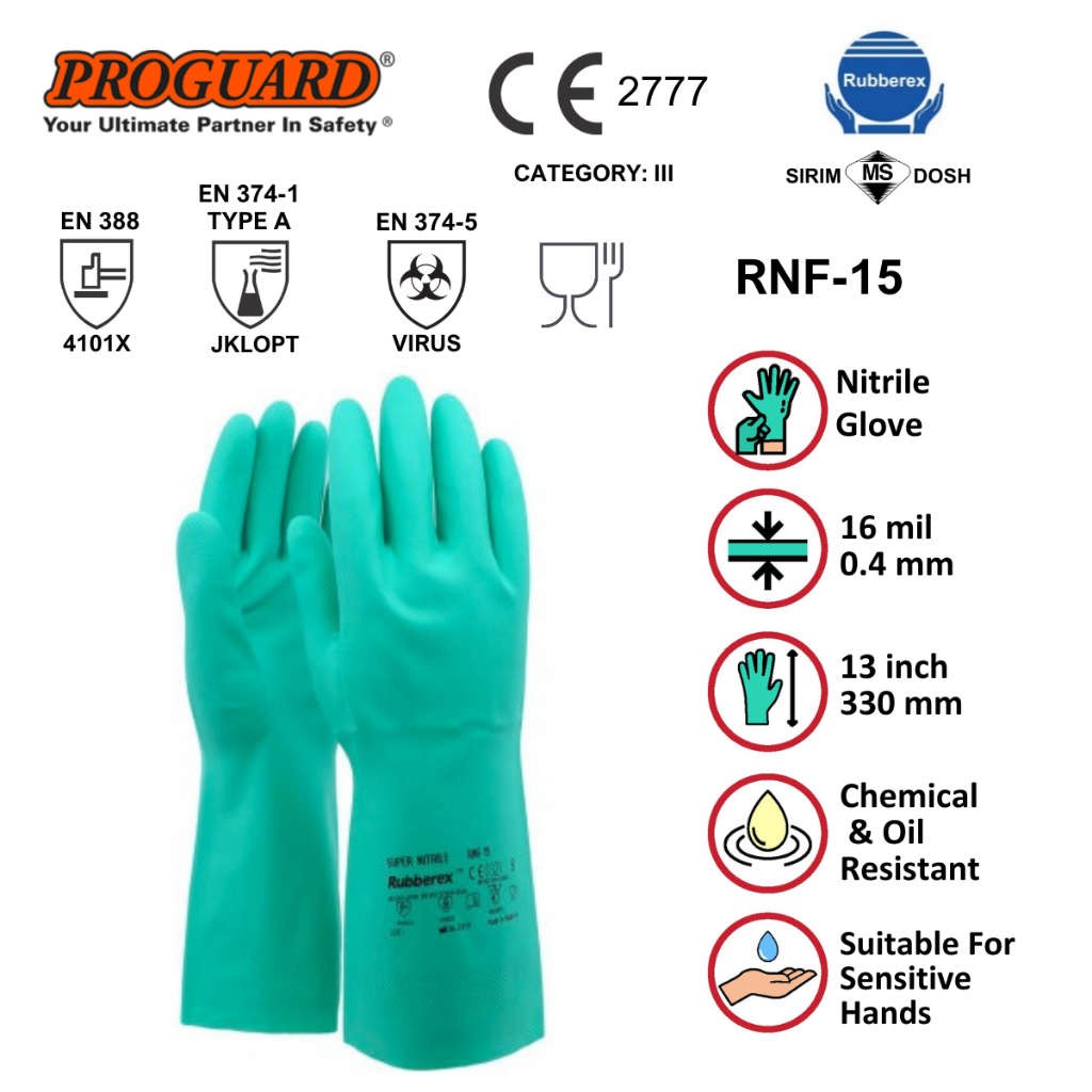 Rubberex 13" Reusable Nitrile Lining Green Rubber Glove Chemical ...