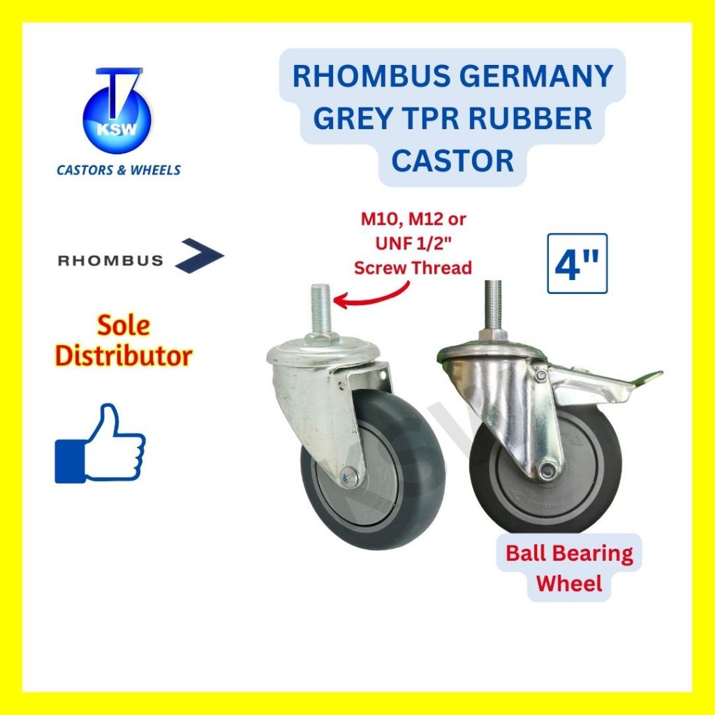 RHOMBUS 4"/100mm Heavy Duty Industrial High Quality TPR Rubber Castor ...